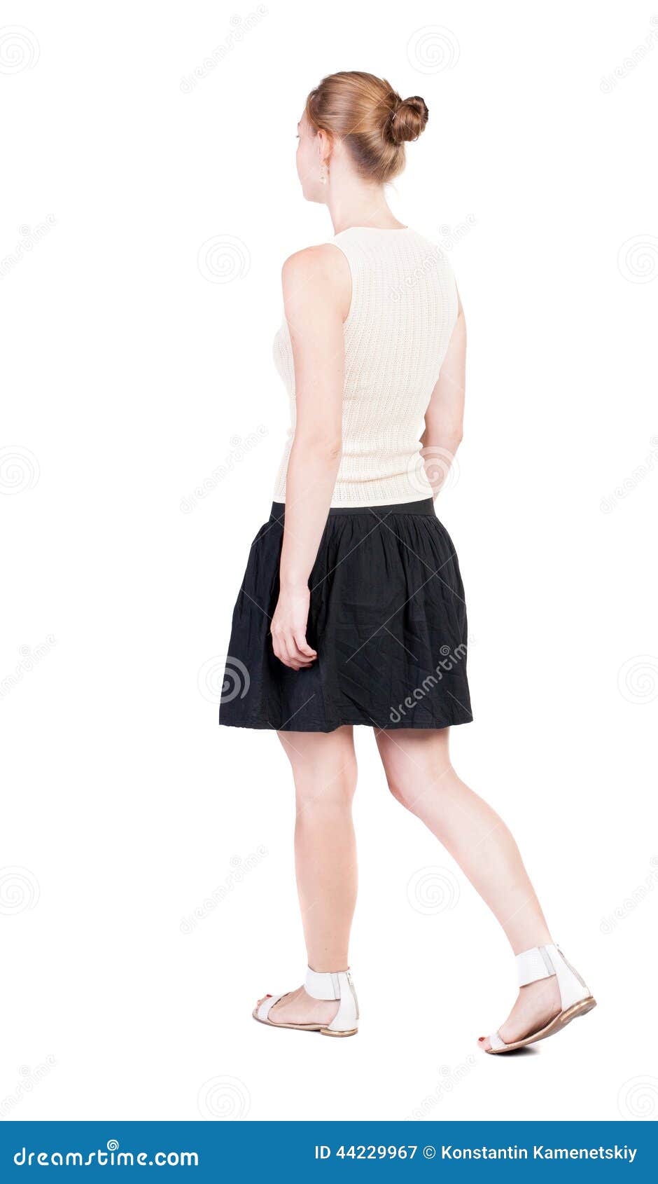 Back View Of Walking Woman In Dress Beautiful Blonde Girl In M Stock