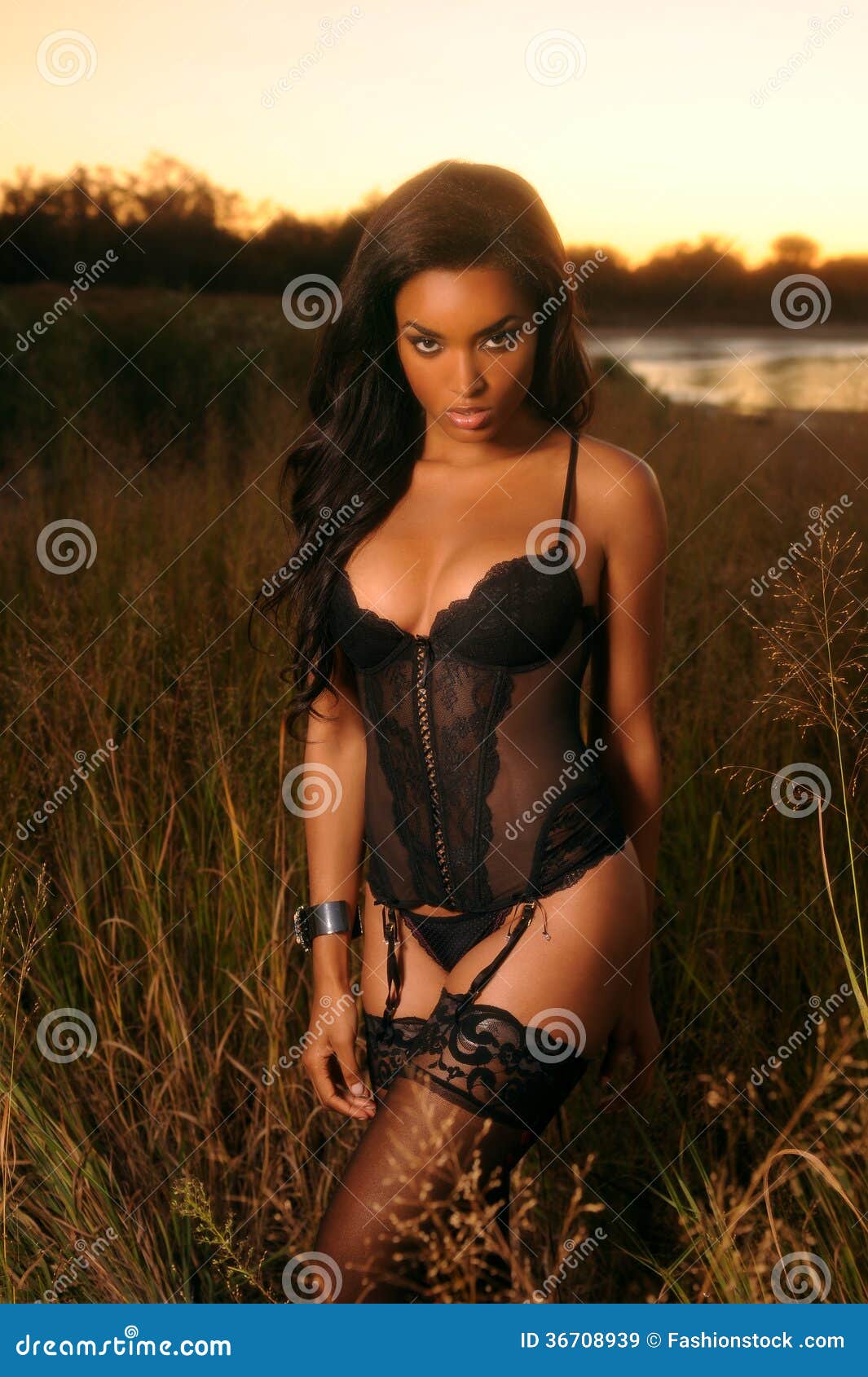 Beautiful African American Woman Wearing Black Lingerie Royalty Free