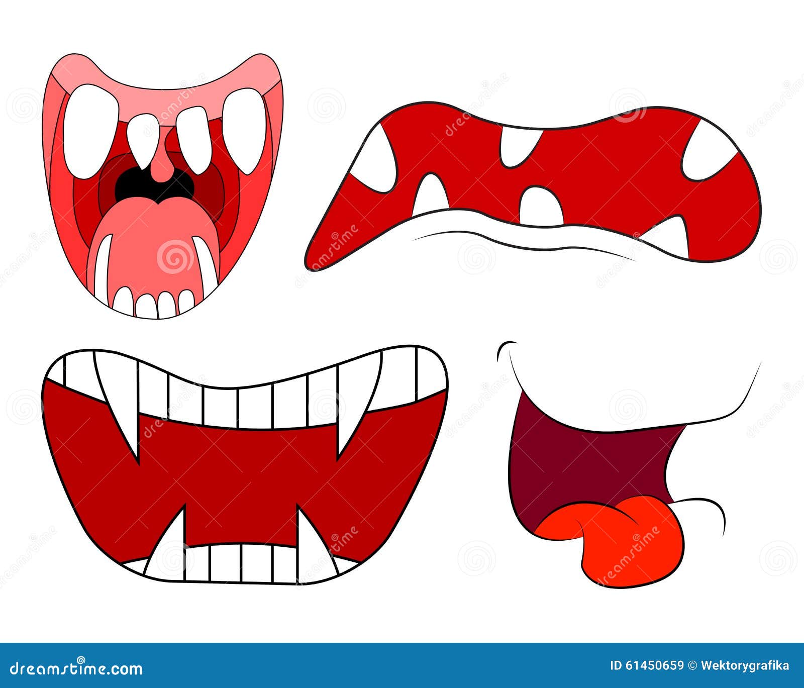 Cartoon Smile Mouth Lips With Teeth And Tongue Set Vector Illustration On White Background