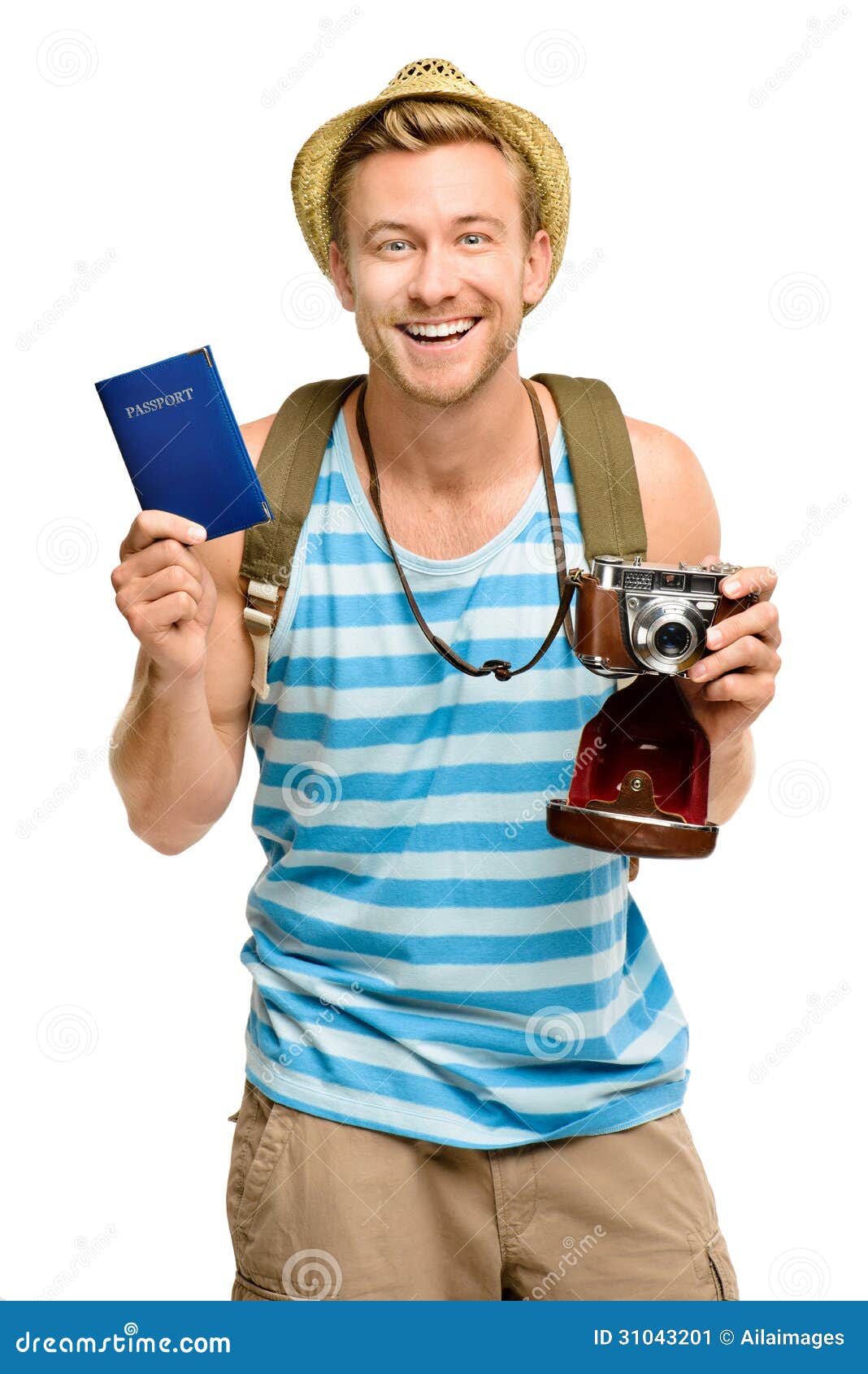 Happy Tourist Holding Passport Retro Camera Isolated On White Stock Image Image 31043201