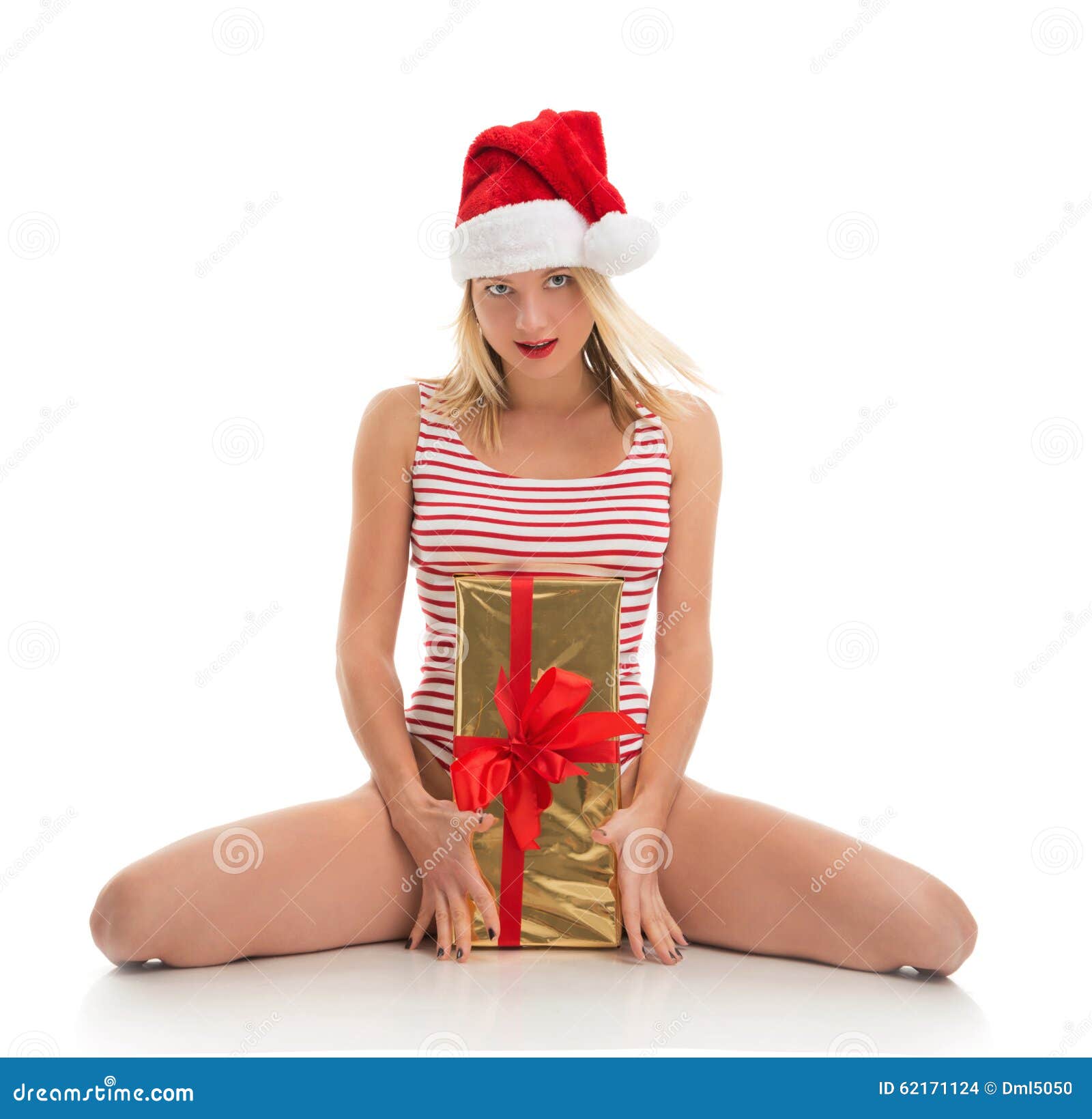 Happy Young Woman Hold Red Christmas Wrapped T Present Smilin Stock