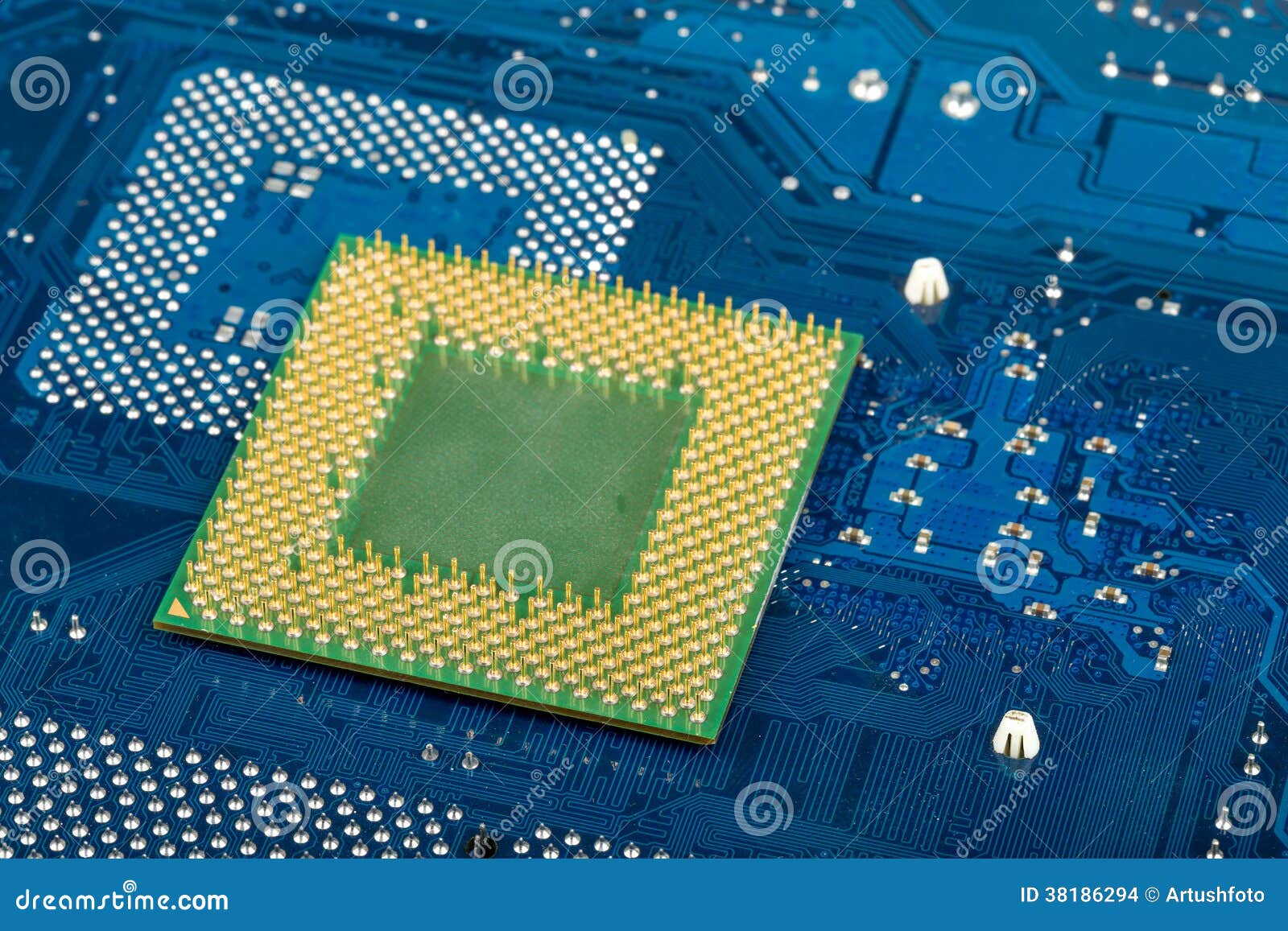 Macro Of Computer Processor On Blue Motherboard Stock Images - Image ... Macro Of Computer Processor On Blue Motherboard Stock Images - Image ...