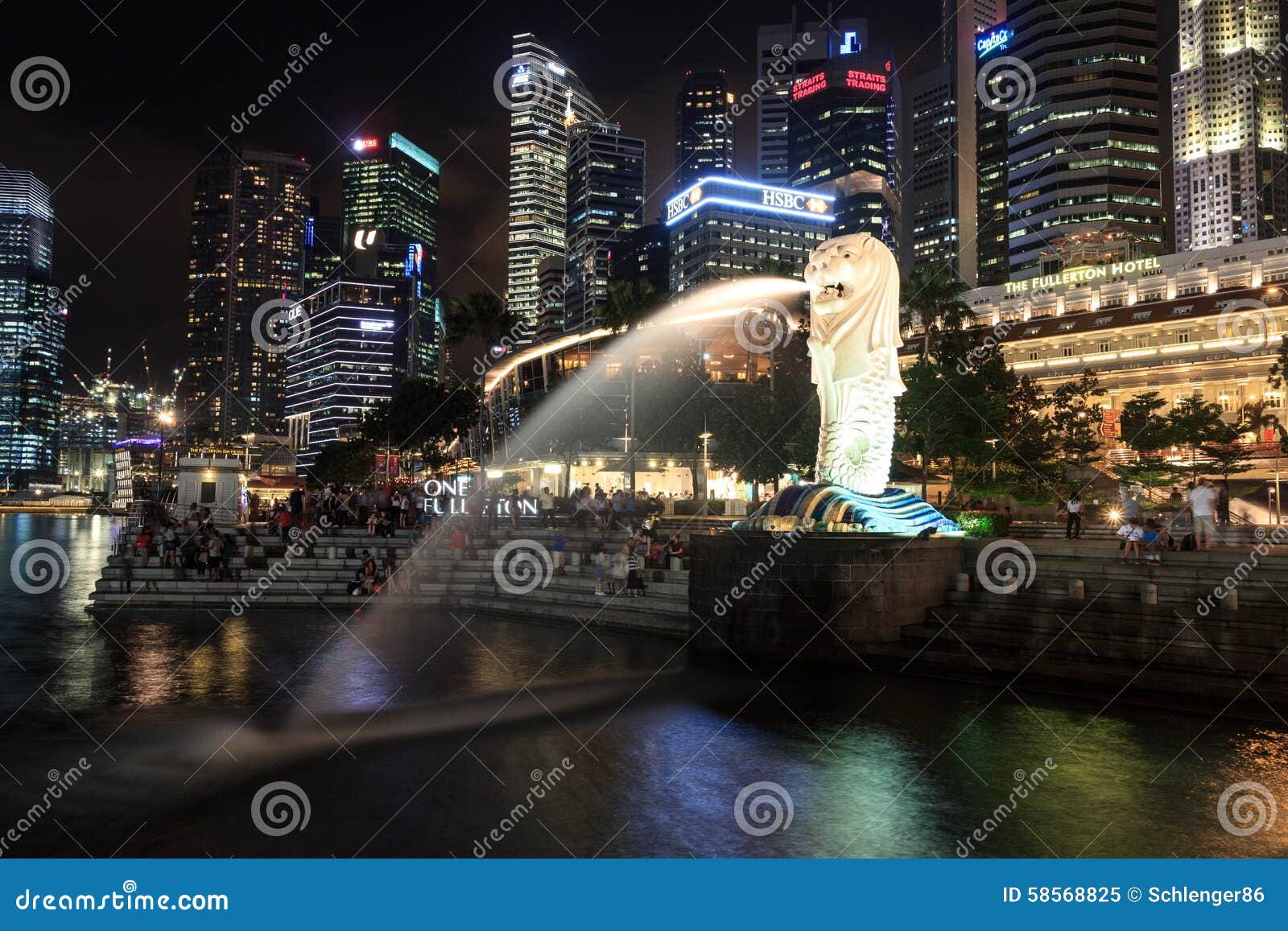 The Merlion Statue In Front Of Singapore Skyline At Night Editorial Image Image 58568825