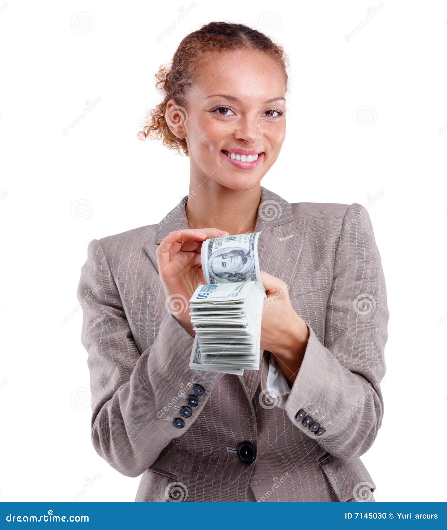 Stock Photo: Smiling business woman holding stack of cash. Image: 7145030 Stock Photo: Smiling business woman holding stack of cash. Image: 7145030
