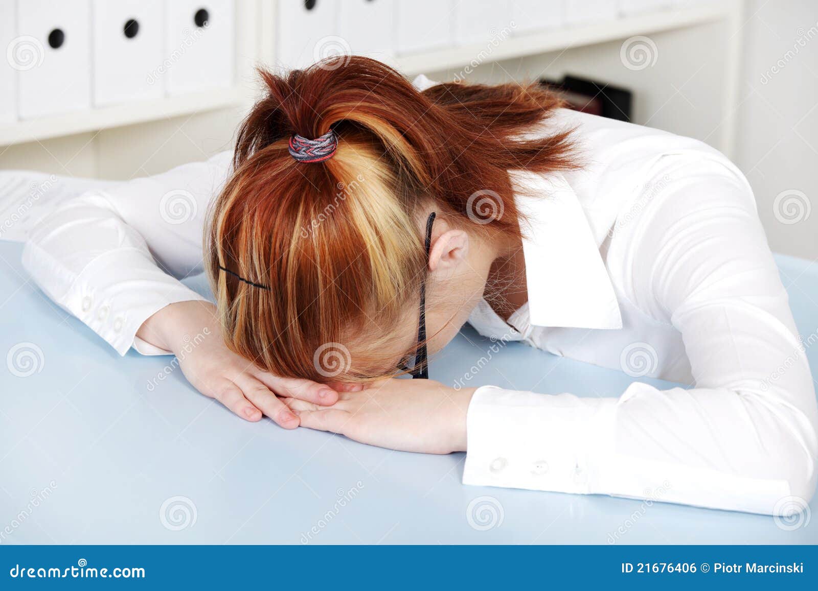 Young Woman Lying On The Desk Royalty Free Stock Image Image 21676406