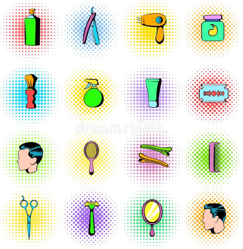 Ícones Ajustados, Estilo Dos Elementos Da Barbearia Da Banda Desenhada ...