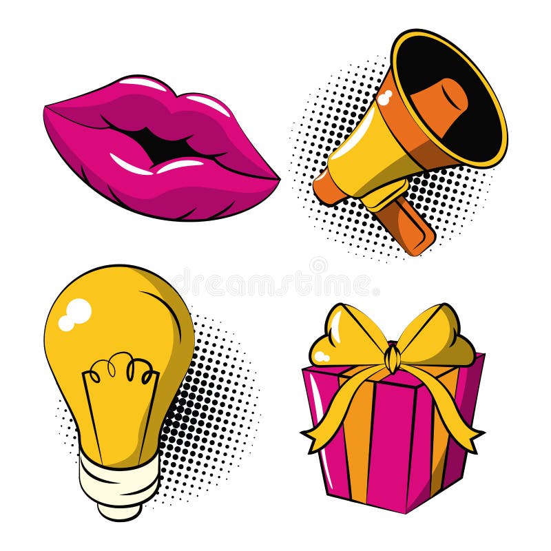 Ícones no pop art ilustração do vetor. Ilustração de presente - 110159977