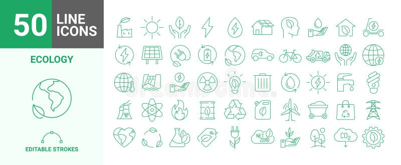 Set of 50 Editable Ecology Line Icons Stock Illustration - Illustration ...