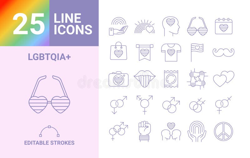 Set of 25 Gay Pride Month Editable Line Icon Collection Stock ...