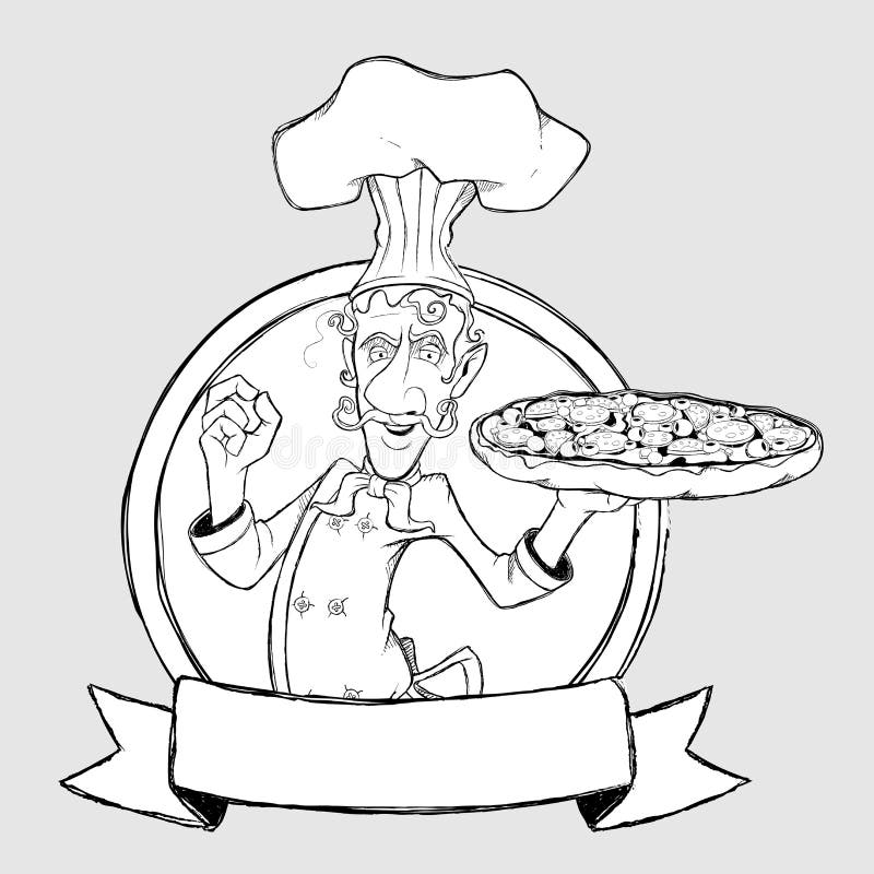 Ð¡hef with Pizza in the Form of Sign. Freehand Dra Stock Vector ...