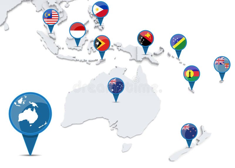 Översikt Av Oceanien Med Nationsflaggor Stock Illustrationer ...