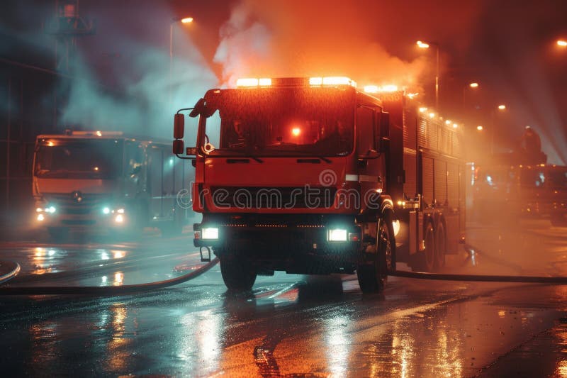 Fire Engine, Fire Truck at Night on Wet Road, Lights Flashing in ...