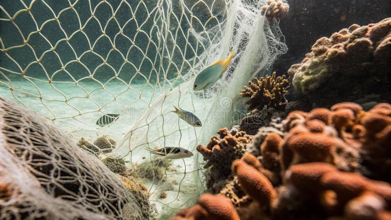 Marine Life Struggles: Fish Caught in Underwater Net Near Coral Reefs ...