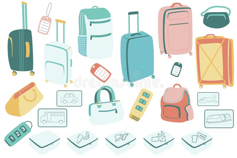 Set of Luggage, Suitcases, Bags, Backpack, Travel Icons on Different ...
