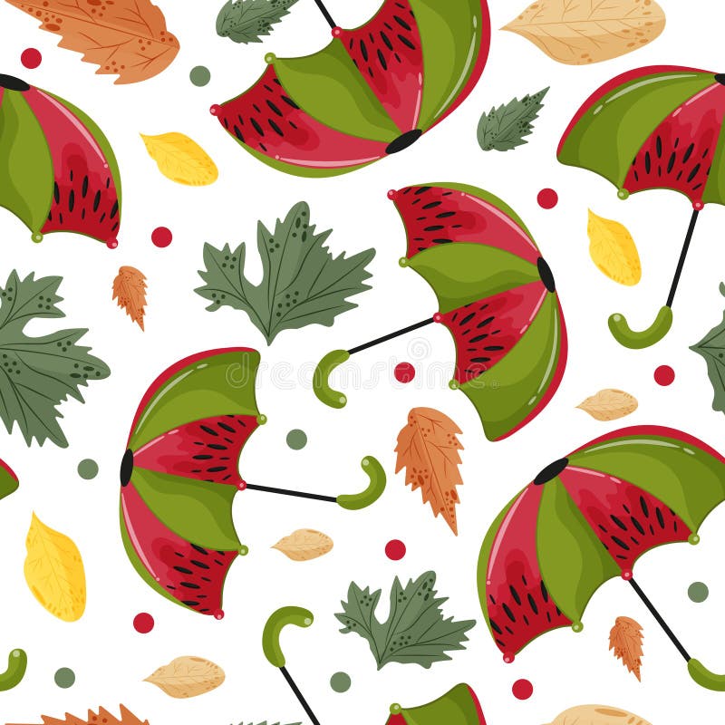 Pattern with Autumn Umbrellas with Watermelon Design, Autumn Leaves on ...