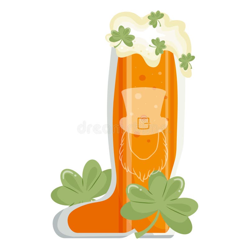 Boot Glass Icon with Leprechaun Face Print with Wheat Beer and Shamrock ...