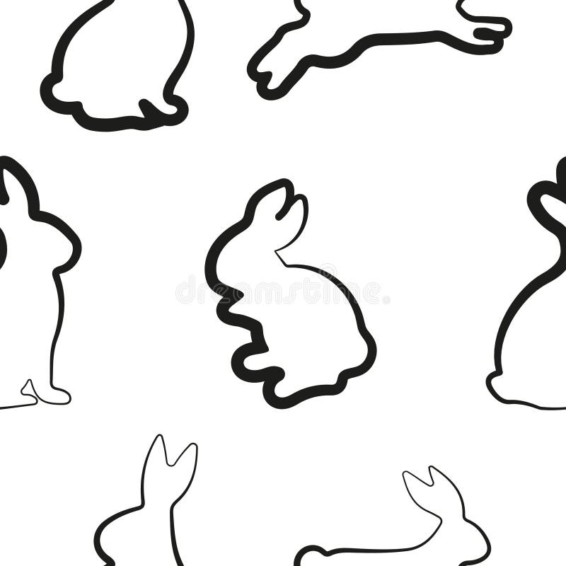 Pattern with Set of Rabbits in Various Poses Drawn with Black Outline ...