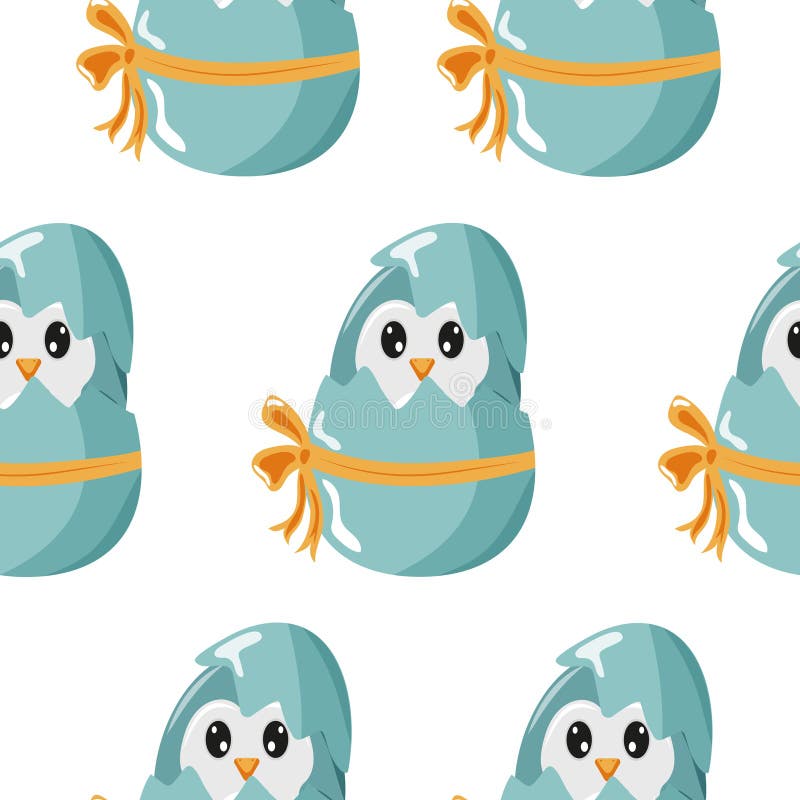 Seamless Pattern with an Icon of a Blue Penguin Sitting in a Blue Egg ...
