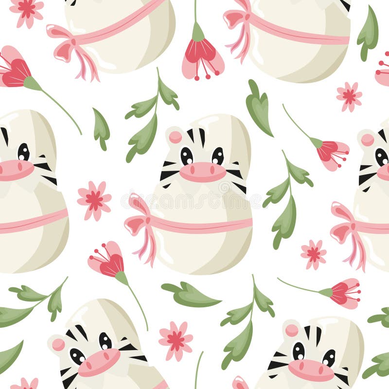 Seamless Pattern with a Zebra Icon Sitting in a White Egg with a Bow ...