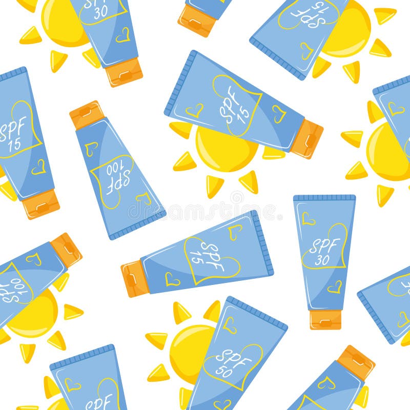 Seamless Pattern with Icons of Classic Vertical Tube of Sunscreen and ...