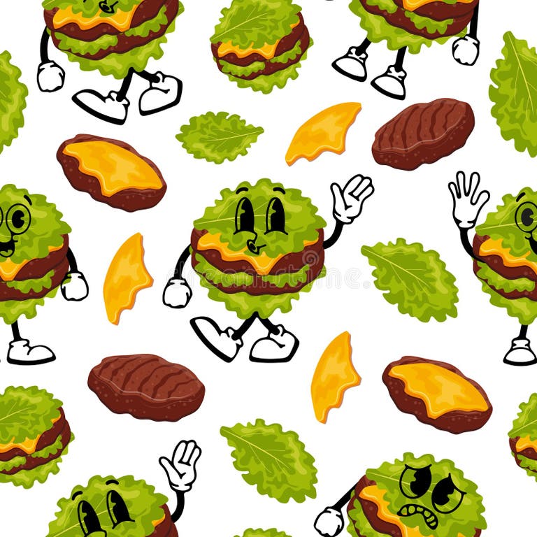 Seamless Pattern of Burger Characters with Fried Patties, Cheese and ...