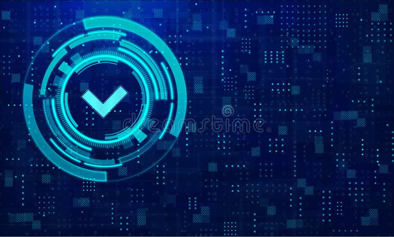 Neon Tick Mark in the Circle. Abstract Technology Background in Dark ...