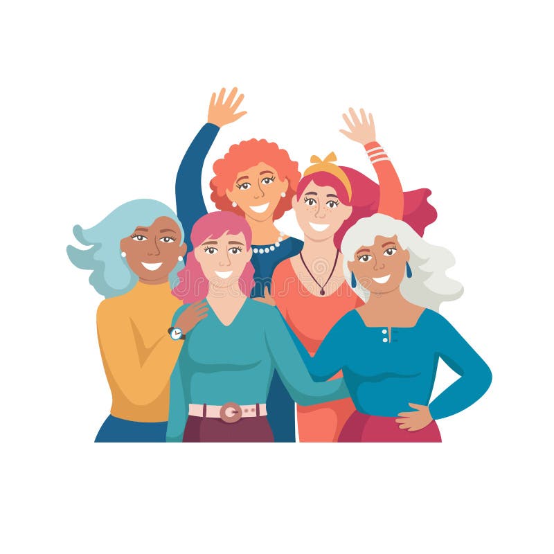 Vector Colorful Illustration with Group of Smiling Women. Female ...