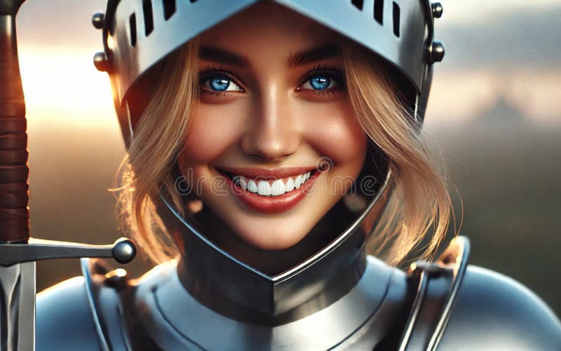 A Blue-eyed Blonde Wearing a Knight S Helmet with the Visor Up. Stock ...