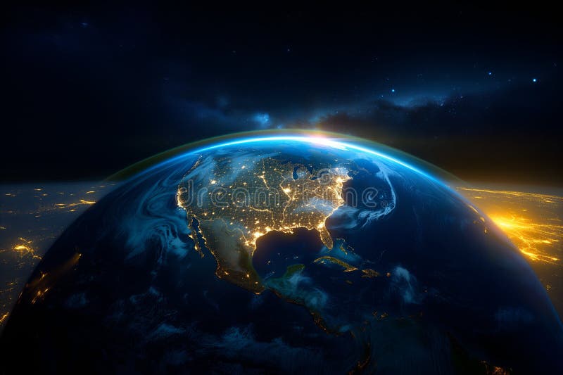 Earth with Atmosphere in Starry Ocean, View of North America and United ...