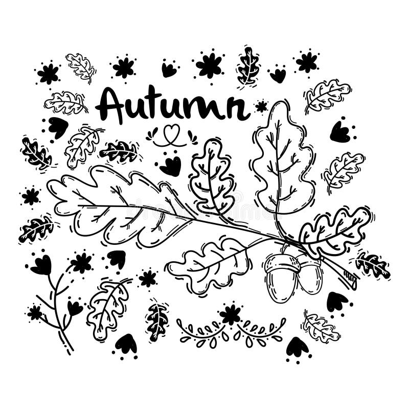Autumn Hand Drawn Lettering Vector. Set of Cartoon Elements of Autumn ...