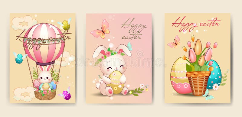 Cute Happy Easter Greeting Cards . Easter Eggs and Flowers on Pastel ...