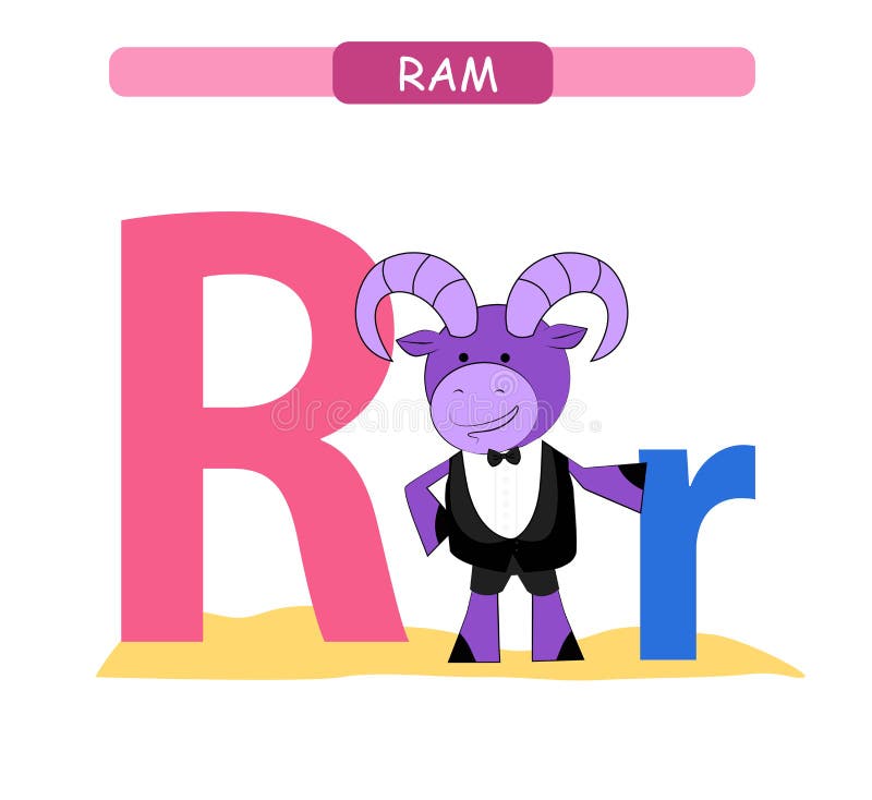 Letter R and Funny Cartoon Ram. Animals Alphabet a-z. Cute Zoo Alphabet ...