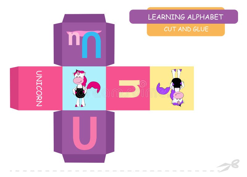 Сut and Glue the Cube: Letter U. Educational Game for Kids. Cute Zoo ...