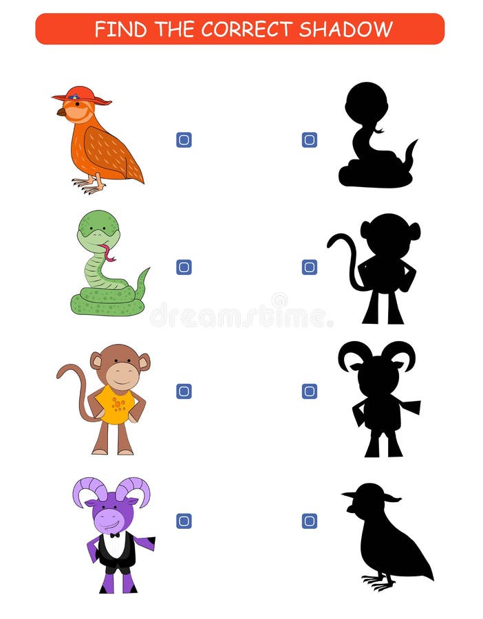 Find the Correct Shadow. Kids Educational Game. Cartoon Animal: Bird ...