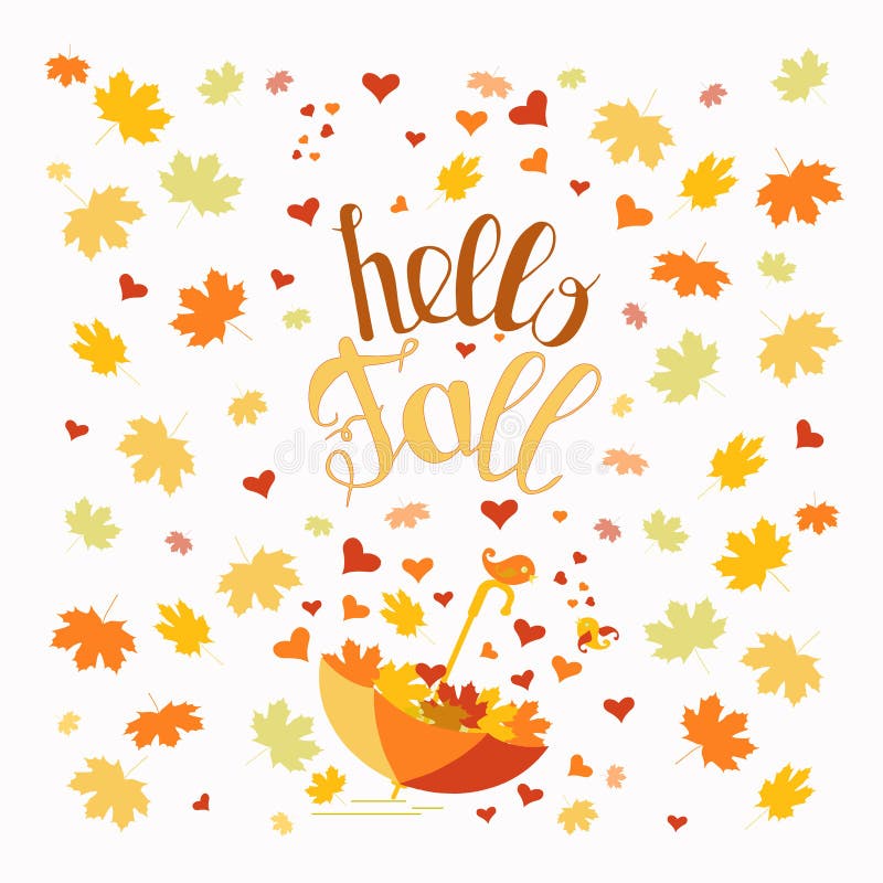 Hello Fall Typography Banner. Maple Colorful Leaves, Hand Drawn ...