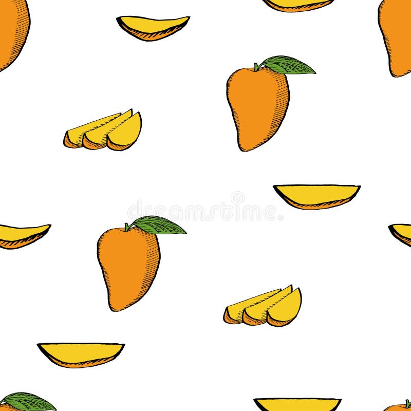Calligraphy Mango with Slices on White Background Pattern Stock Vector ...