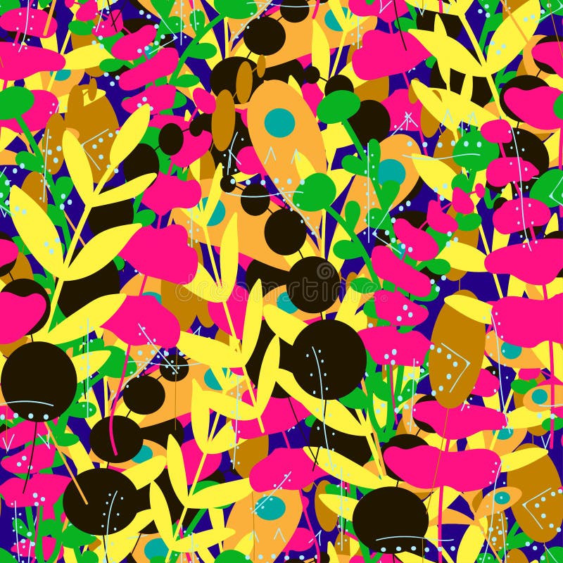 Abstract Bush Drawn with Plants of Dark Blue and Yellow and Pink Colors ...