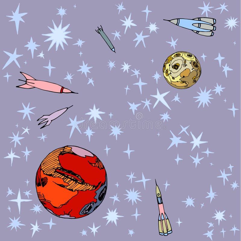 Space Rocket Flying between Stars and Purple Planet of Solar System ...
