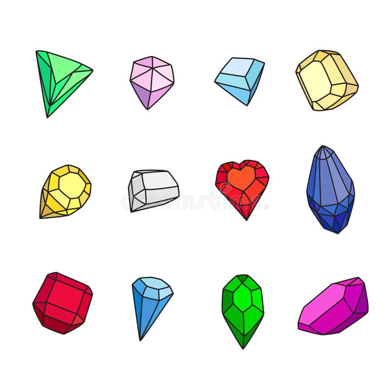 Gems. Set of 12 Color Cartoon Vector Illustrations Isolated on a White ...