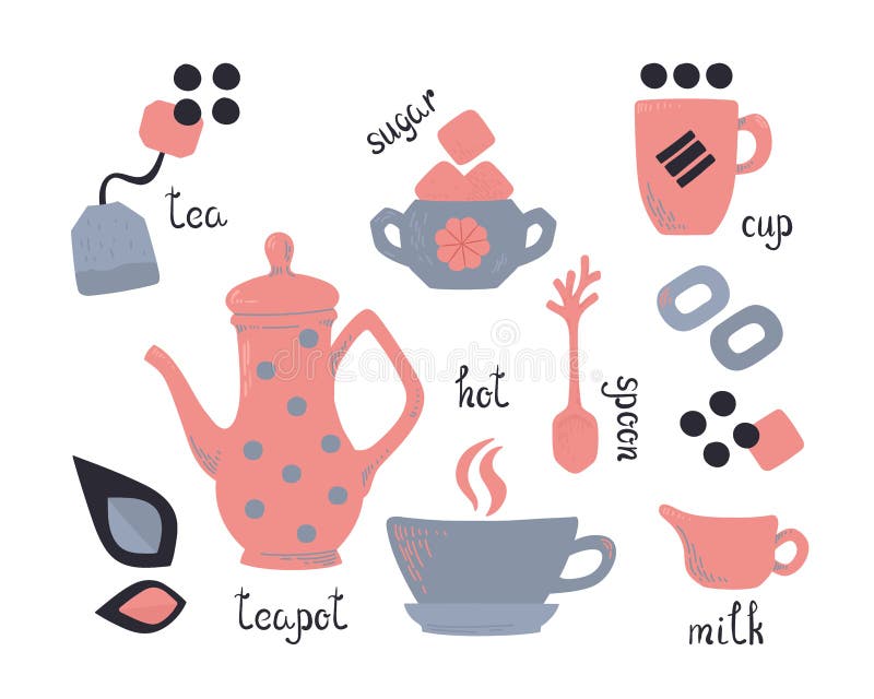 Tea-ware Set with Inscriptions Stock Vector - Illustration of teapot ...