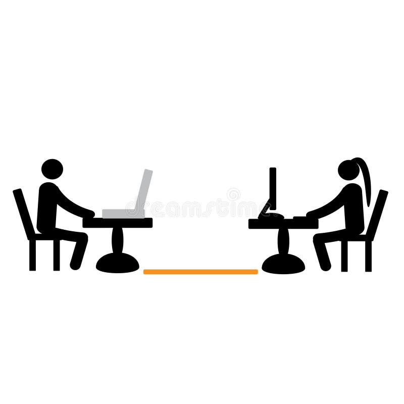 People Work on Computers. Social Distancing. Keep a Distance of 2 ...