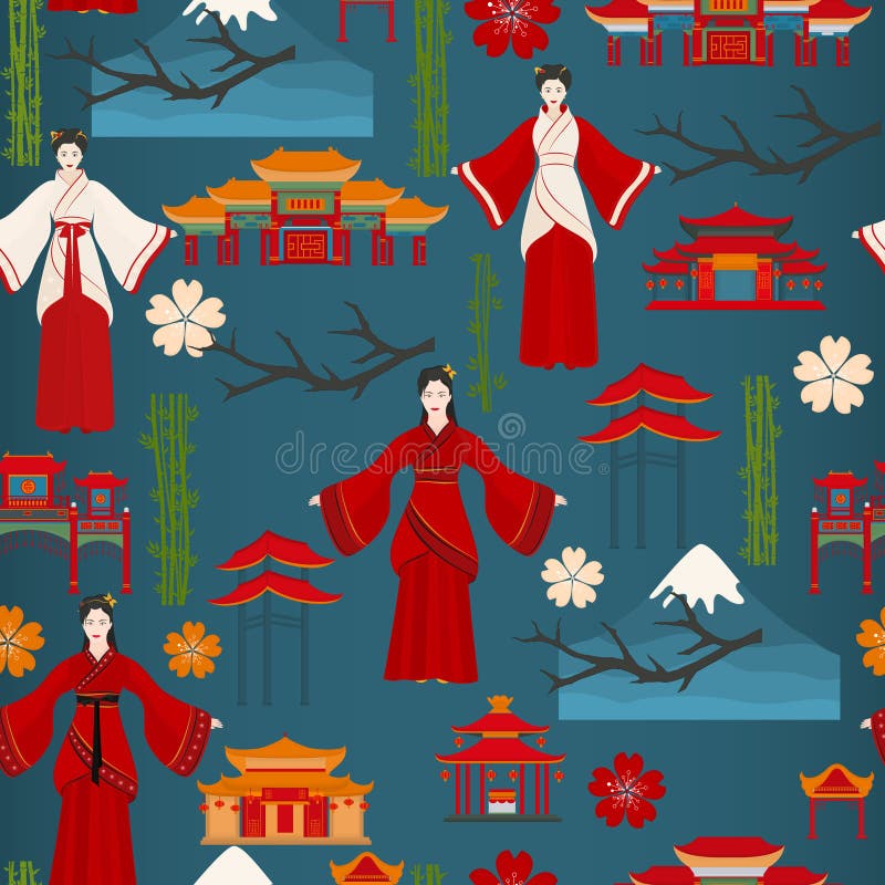 Seamless Vector Pattern with Chinese Traditional Symbols. Stock Vector ...