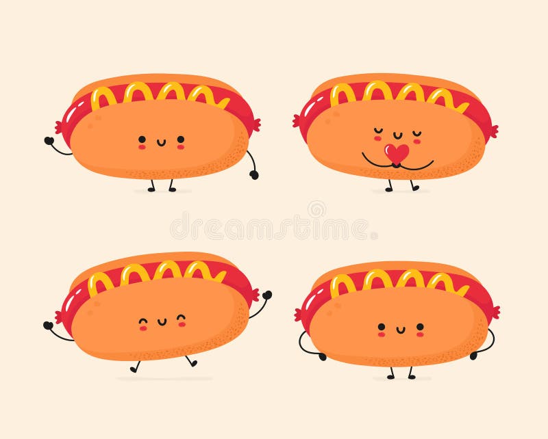 Cute Smiling Hot Dog Collection Stock Vector - Illustration of funny ...