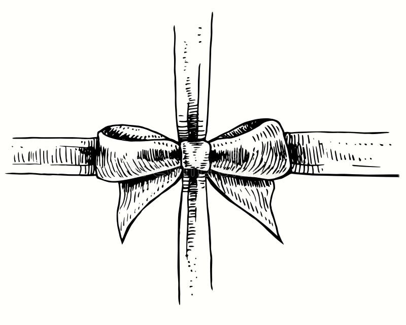Hand Drawn Classic Double Bow with Cross Ribbon, Top View. Ink Black ...