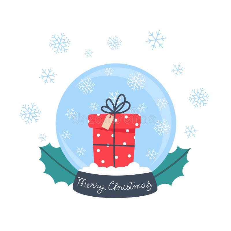 Snow Crystal Ball with Gift and Snowflakes, Vector Illustration in Flat ...