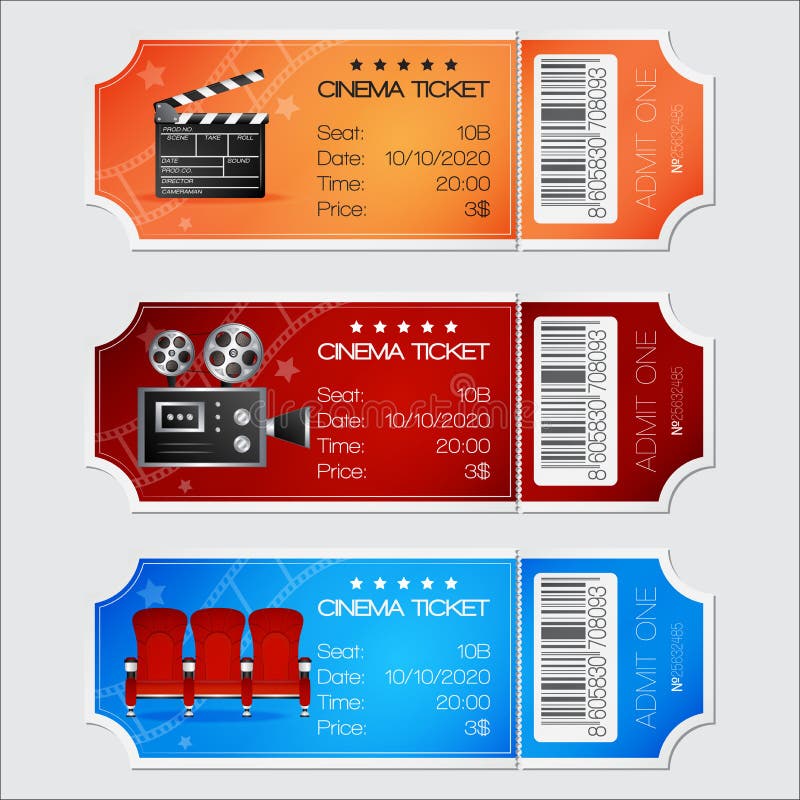 Cinema Ticket, Red, Orange and Blue Ticket. Vector Isolated ...