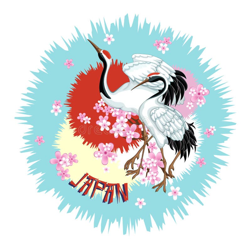 Japanese Emblem with Two Cranes and Sakura on an Abstract Background ...