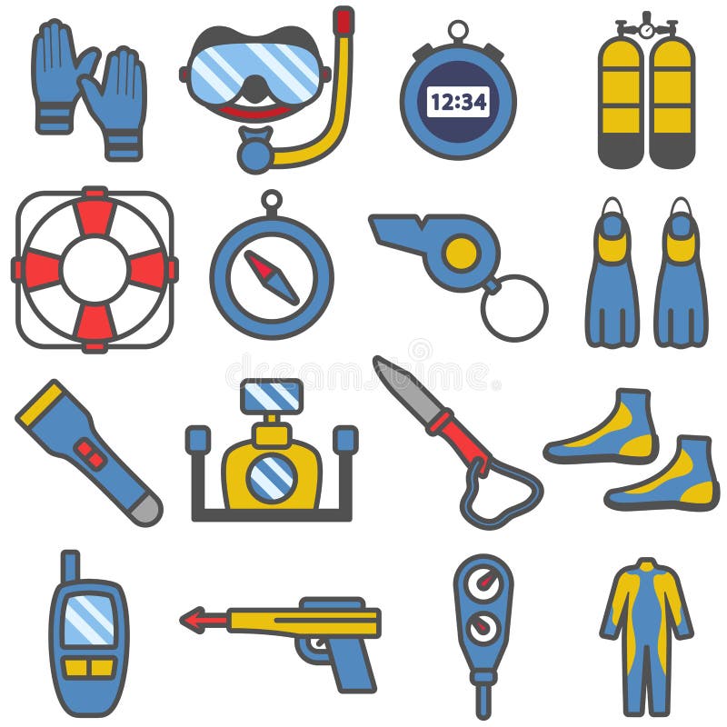 Scuba Diving Set Color Icons in Flat Style. Stock Vector - Illustration ...