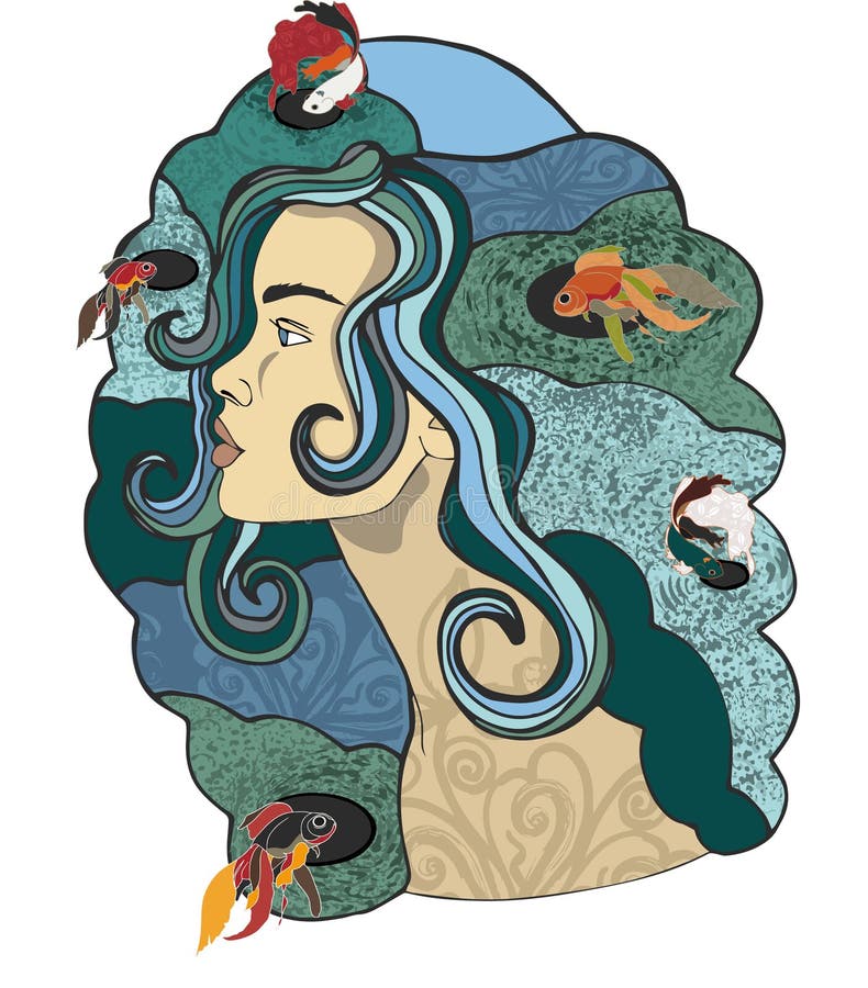 The Head of a Blue-haired Mermaid with Fish Stock Vector - Illustration ...