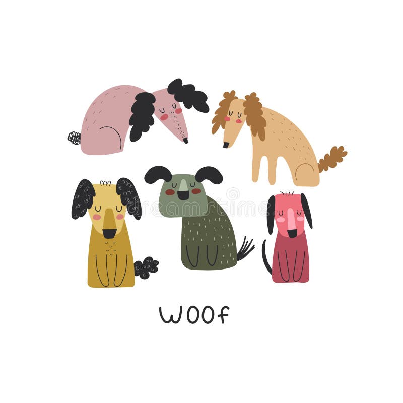 Woof. Cartoon Dogs, Hand Drawing Lettering . Colorful Flat Vector ...